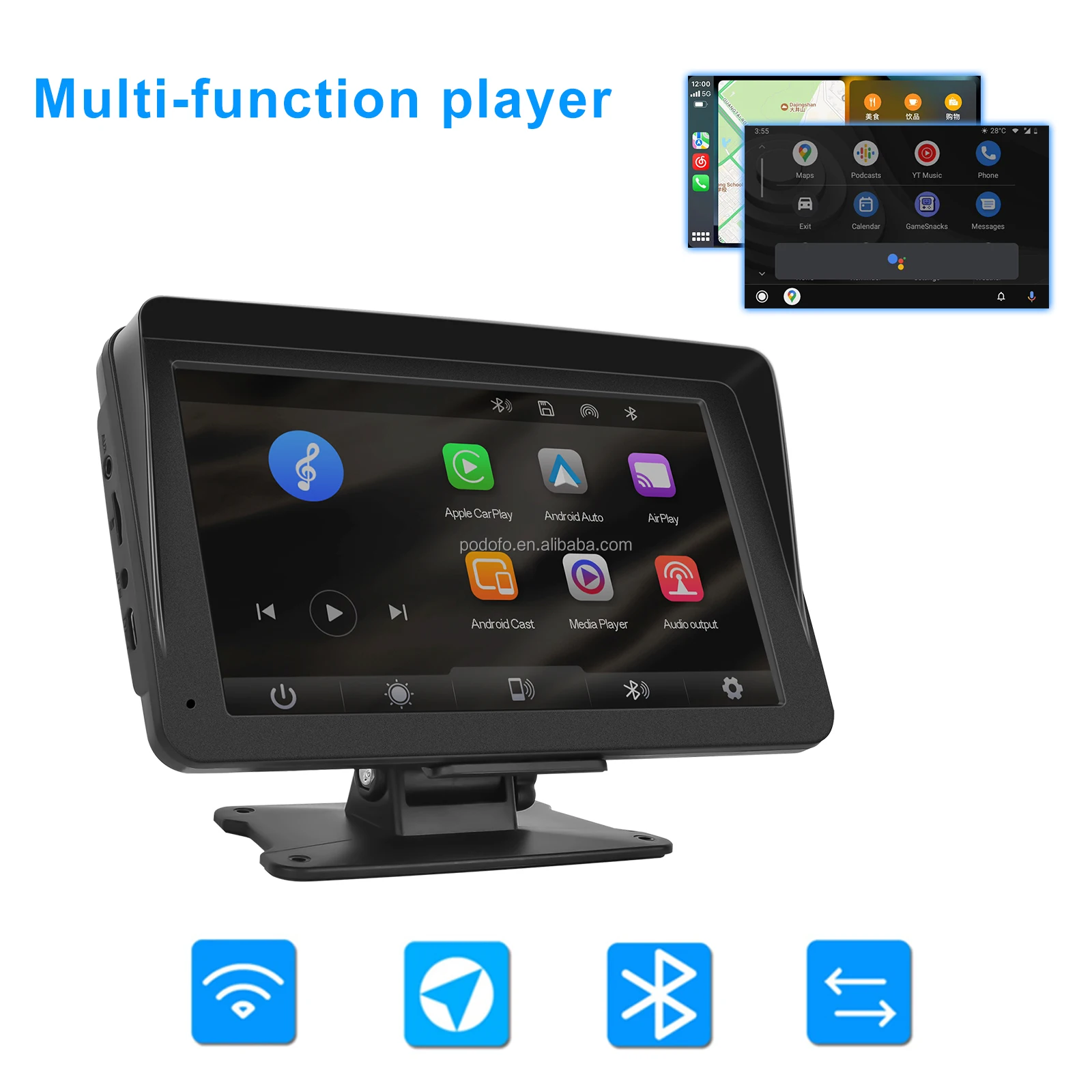 Podofo Portable Wireless Carplay & Android Auto Car Radio Autoestereo 7 ...