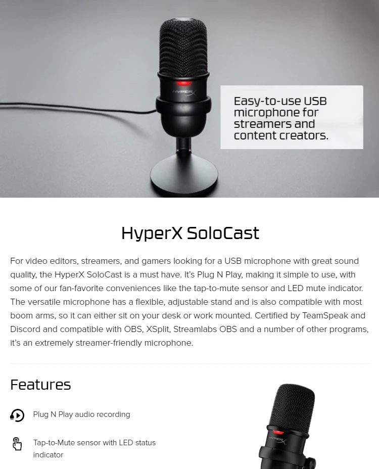 Hyper X SoloCast USB Gaming Microphone Wired USB Condenser Gaming Microphone for PC PS4 PS5 ...