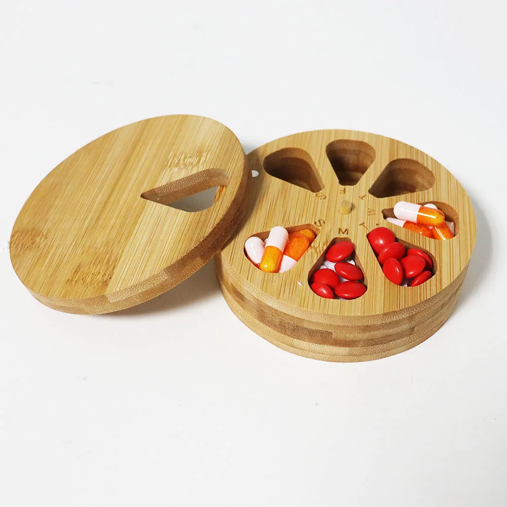 Natural Weekly Bamboo Pill Organizer Custom Logo Round Pill Box ...