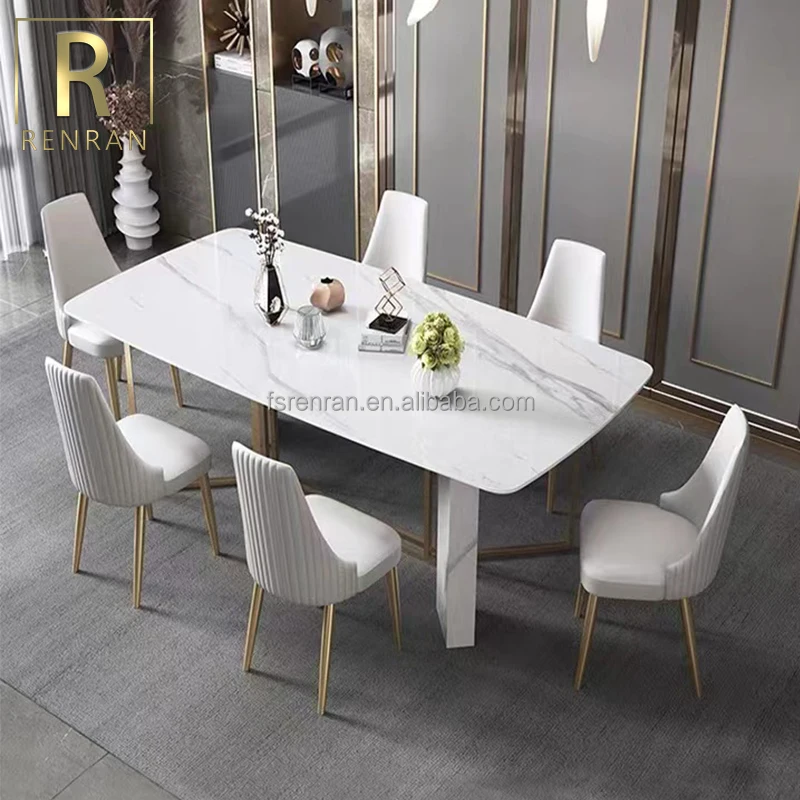 Modern Home Furniture Rectangular White Marble Top Dining Table Set 6 Seater Luxury Dining Table ...