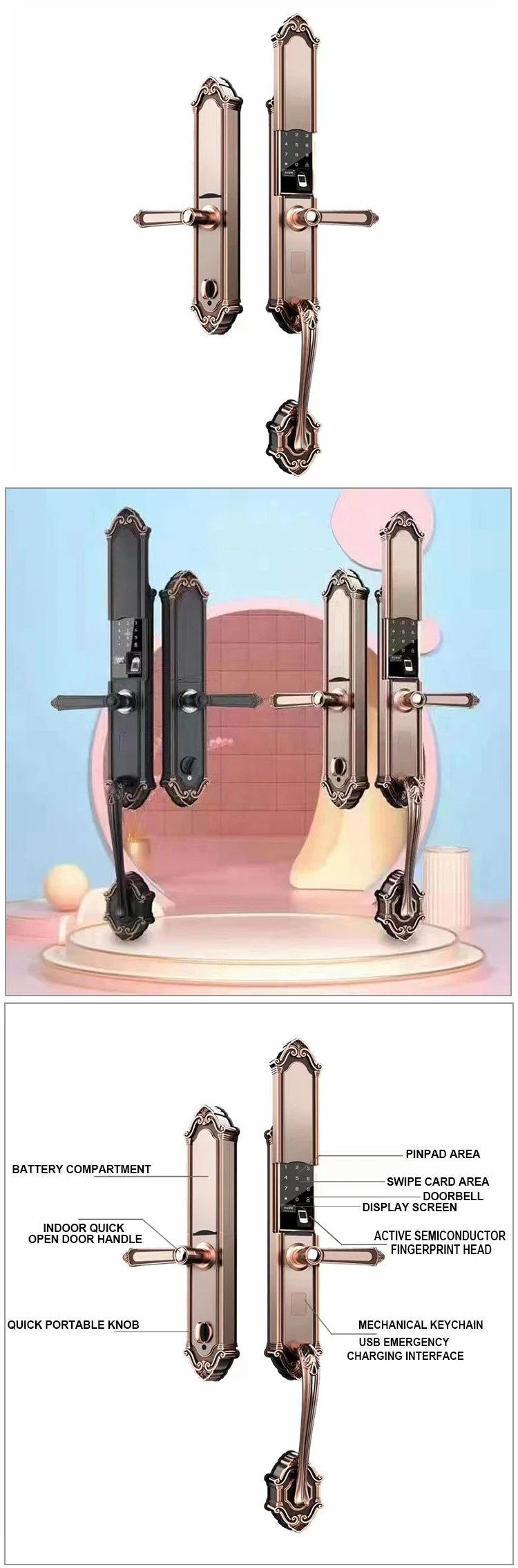 Villa Smart Lock Luxury Classic Long Home Security Fingerprint Password ...