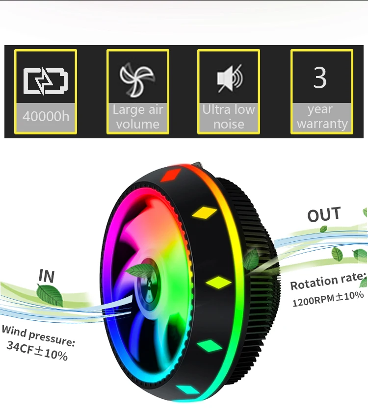 12V DC 3PIN UFO Shaped Radiator CPU Cooler Fan Gaming RGB LED