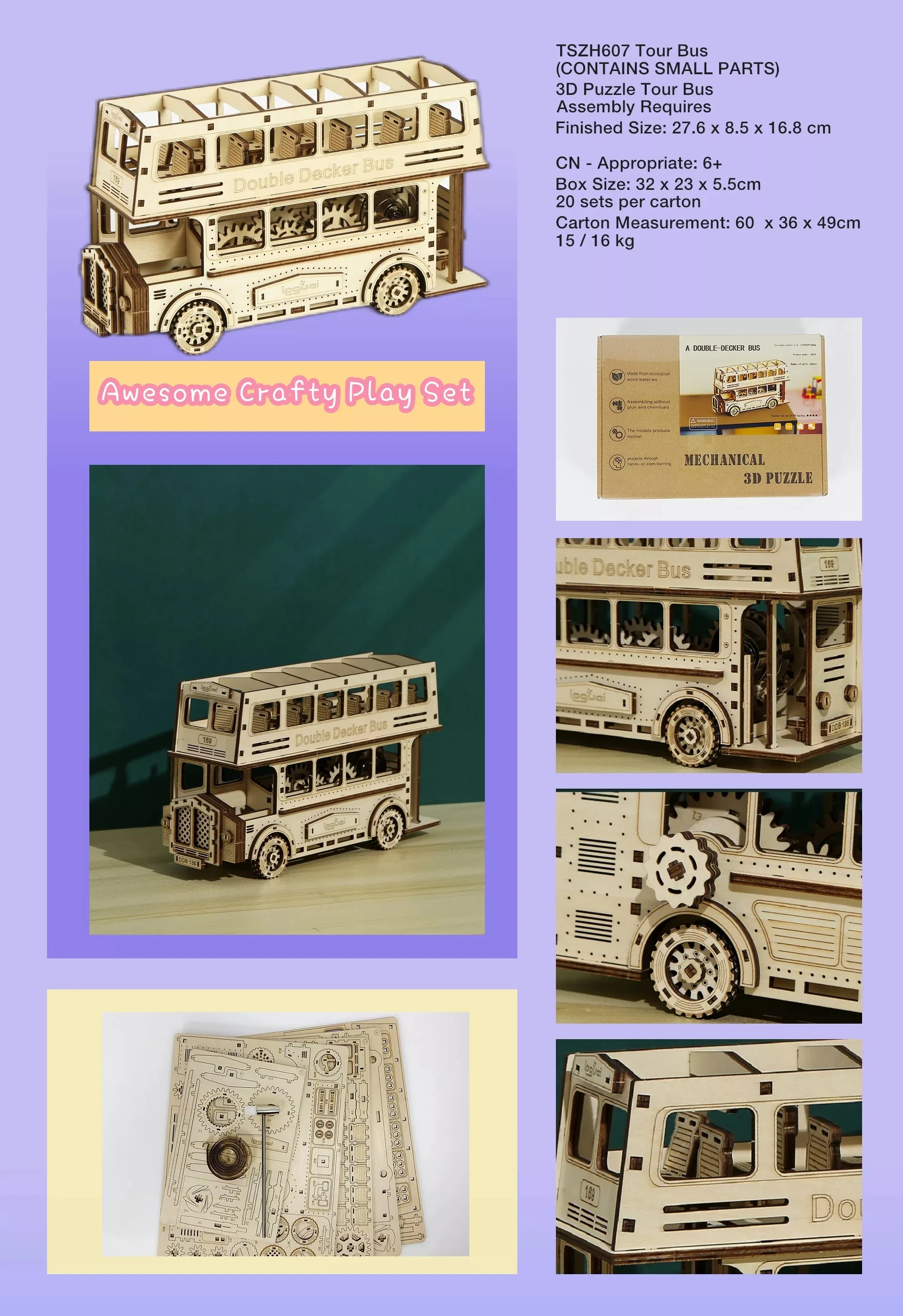 Diy 3d Wooden Puzzle Tour Bus Model For Kids' Development & Oem