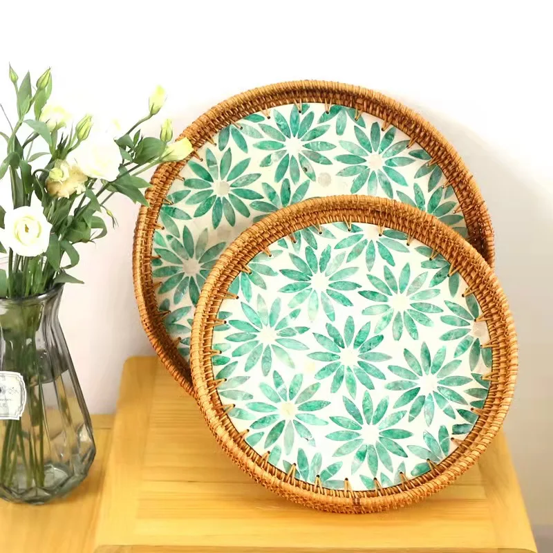 Unique Exotic Handmade Pearl Round Rattan Woven Snack Tray Creative ...