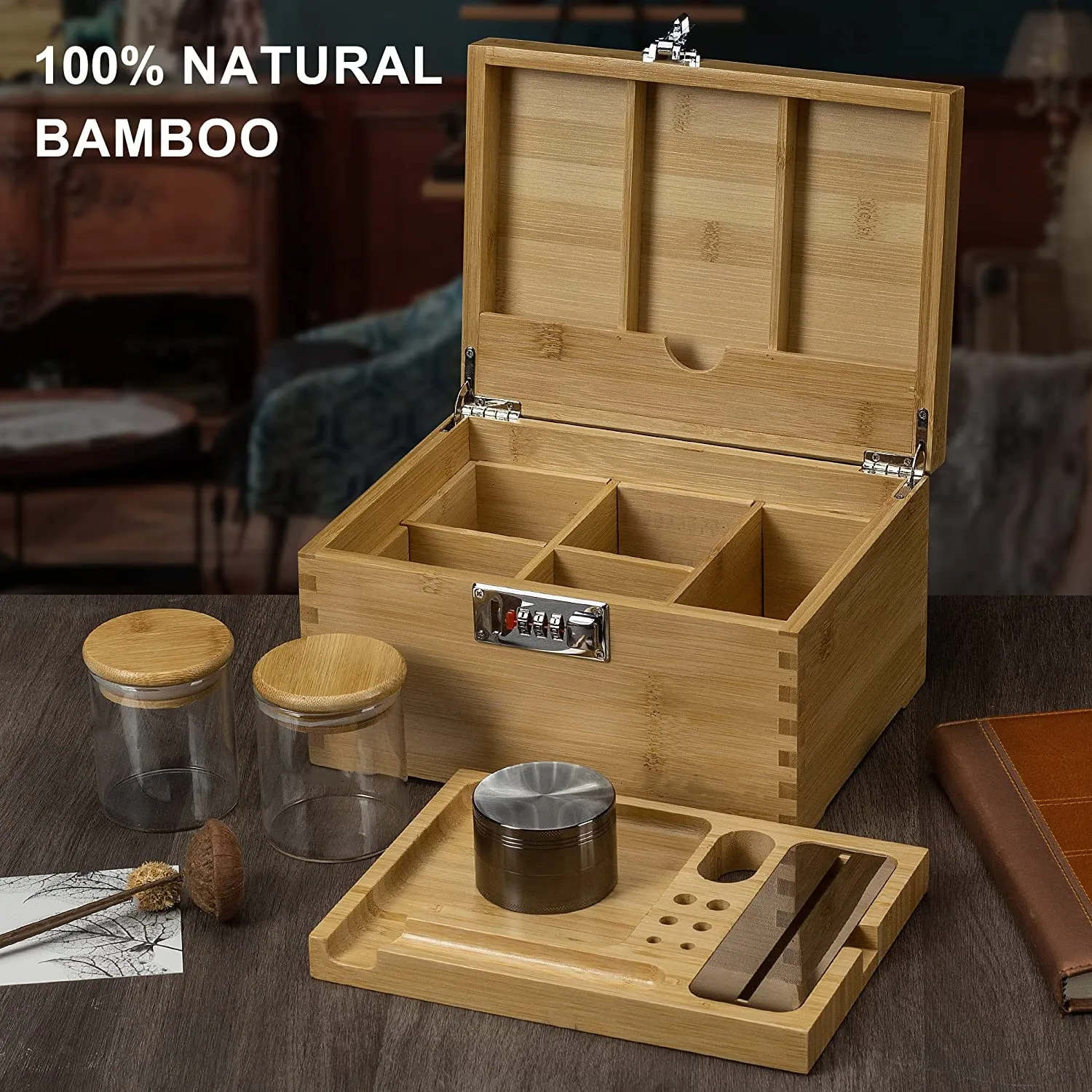 Custom Bamboo Wooden Stash Box With Rolling Tray Combination Lock - Buy ...