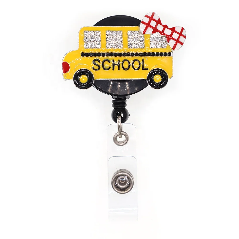 Retractable Enamel Crystal School Bus Badge Holder Reel With Alligator ...