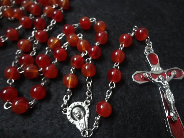 8mm Red Drip Special Cross Rosary Necklace Glass Christian Prayer ...