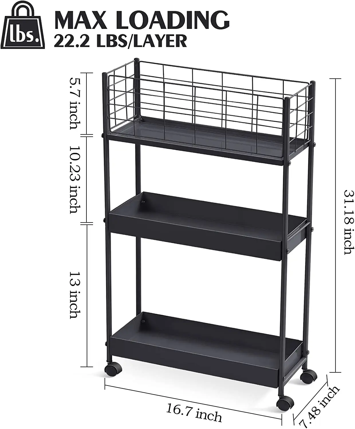 3 Tier Rolling Utility Cart With Wheels Multifunctional Metal Storage ...