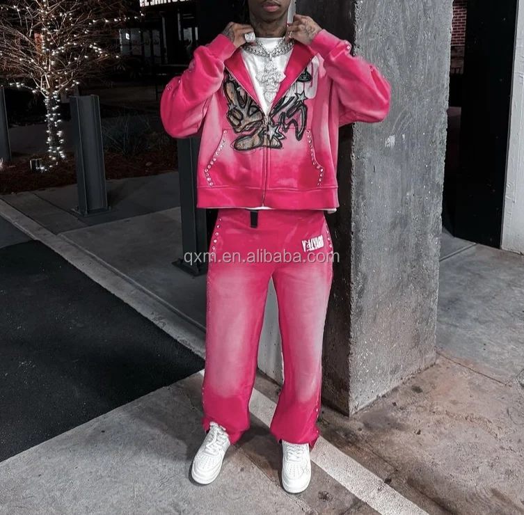 Custom Streetwear Rhinestone Zip up Hoodie Sweat Pants Set