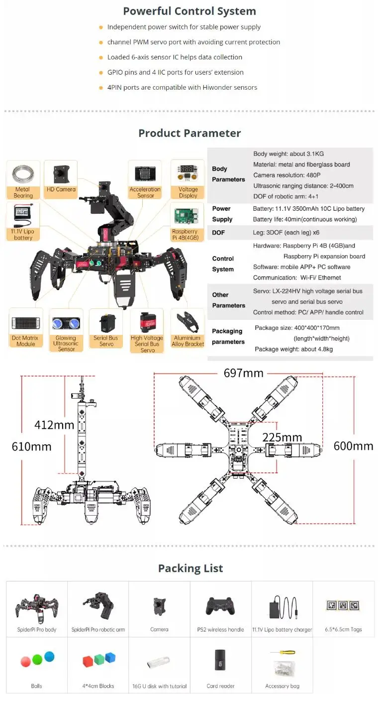 Hiwonder Spiderpi Pro - AI Vision Hexapod Robot for STEM