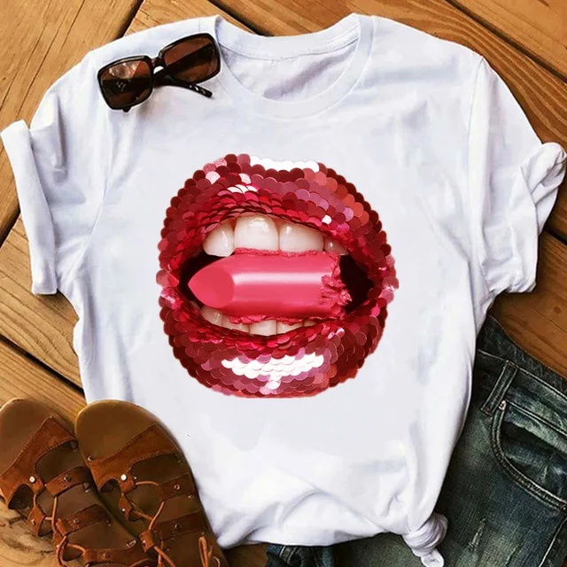 Lipstick T-shirt Fashion T-shirt Fashion Graphic Women's Clothing Lips ...