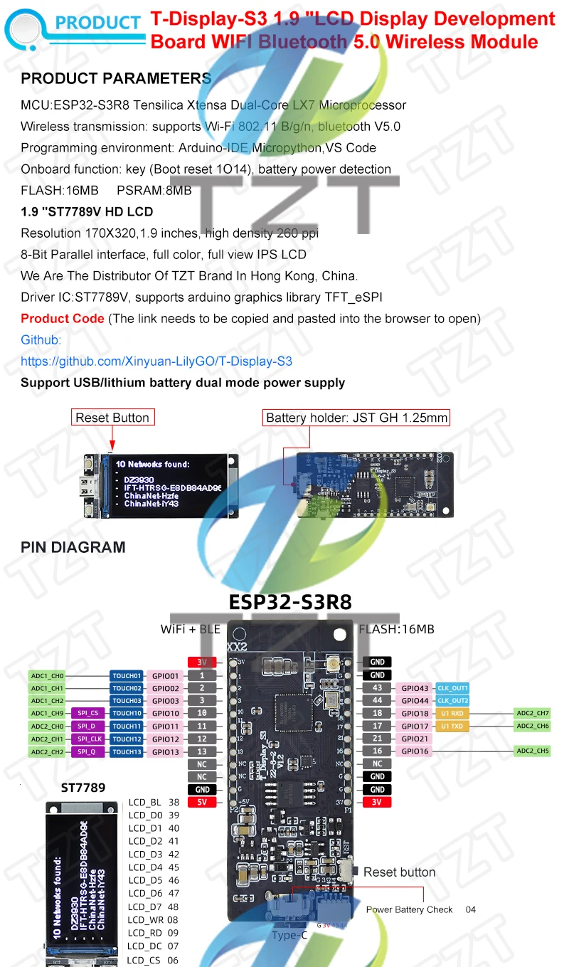 Tzt T-display-s3 Esp32-s3 1.9 Inch St7789 Lcd Display Development Board ...