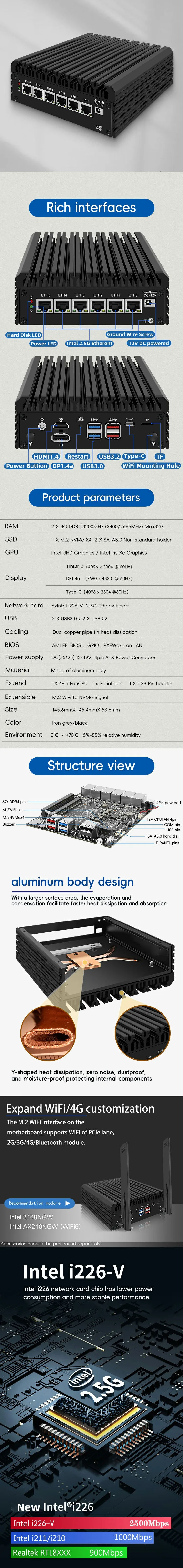 6x2.5gbe Intel I226v Core I7 1265u I5 1235u I3 1215u Firewall Appliance ...