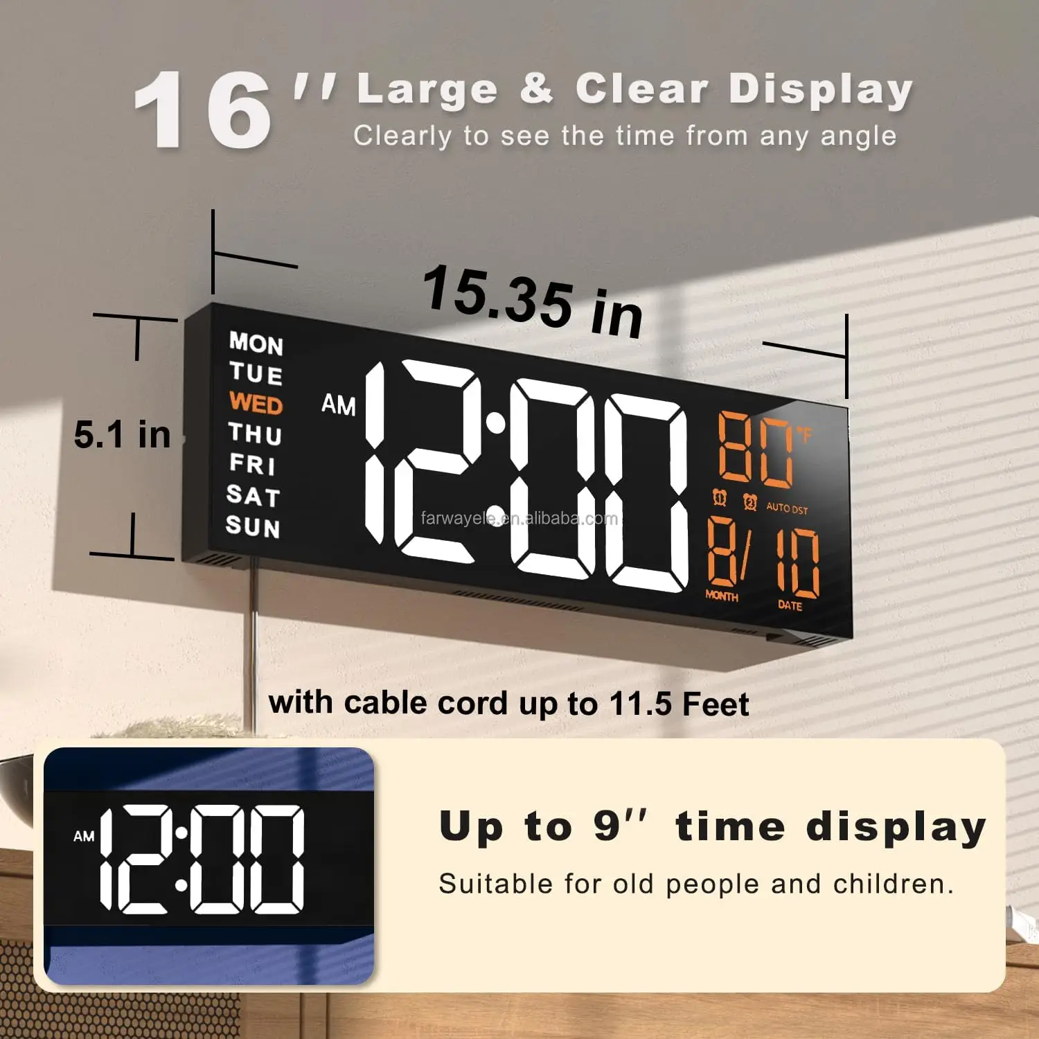 YIDA TIME 16" Large Digital Wall Clock Timer Remote Controlled 2 Alarms ...