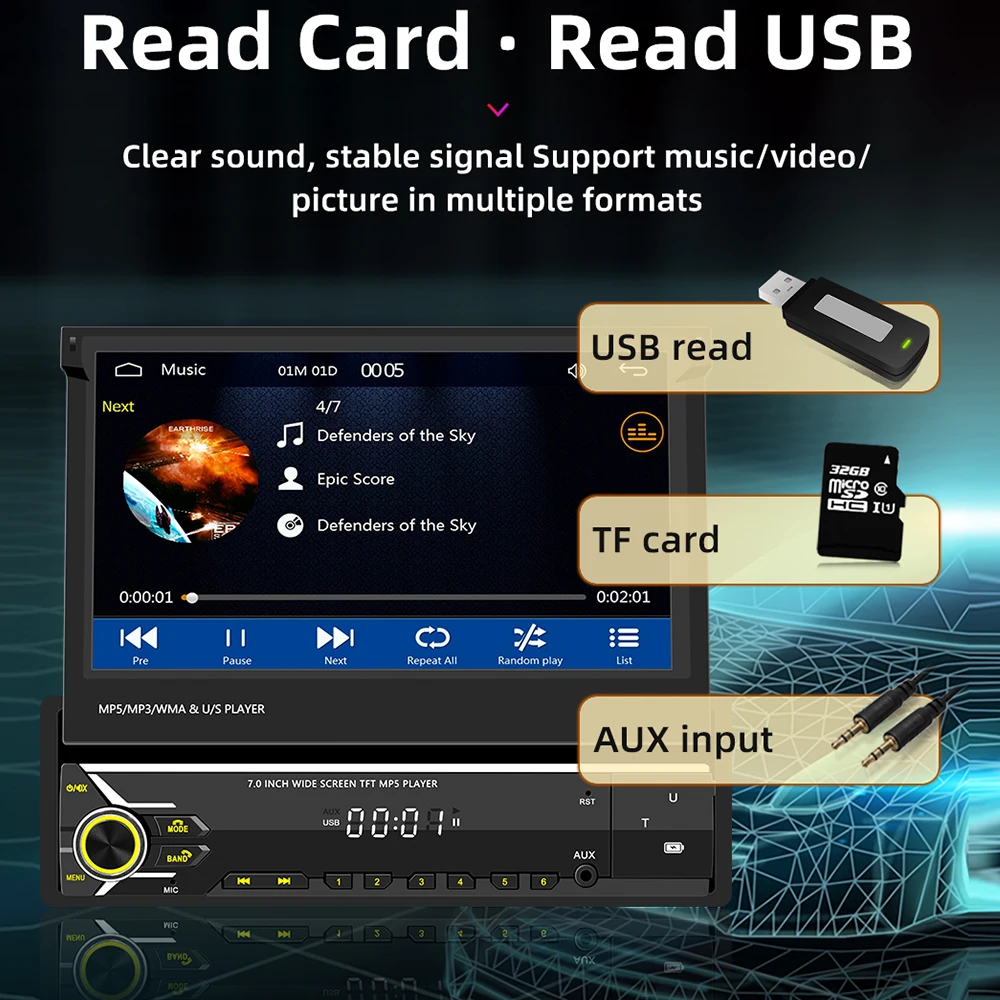 1 Din Android Car Radio 7 Inch Retractable Car Dvd Player Universal Car ...