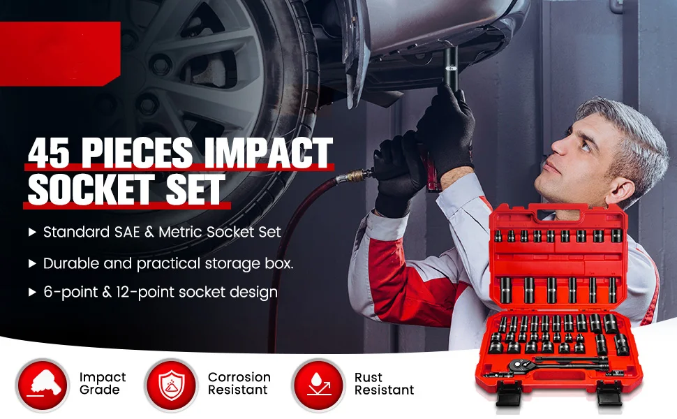 3/8" Box Package Impact Ratchet Spanner Socket Set 45 Pieces Sae (1/4 ...
