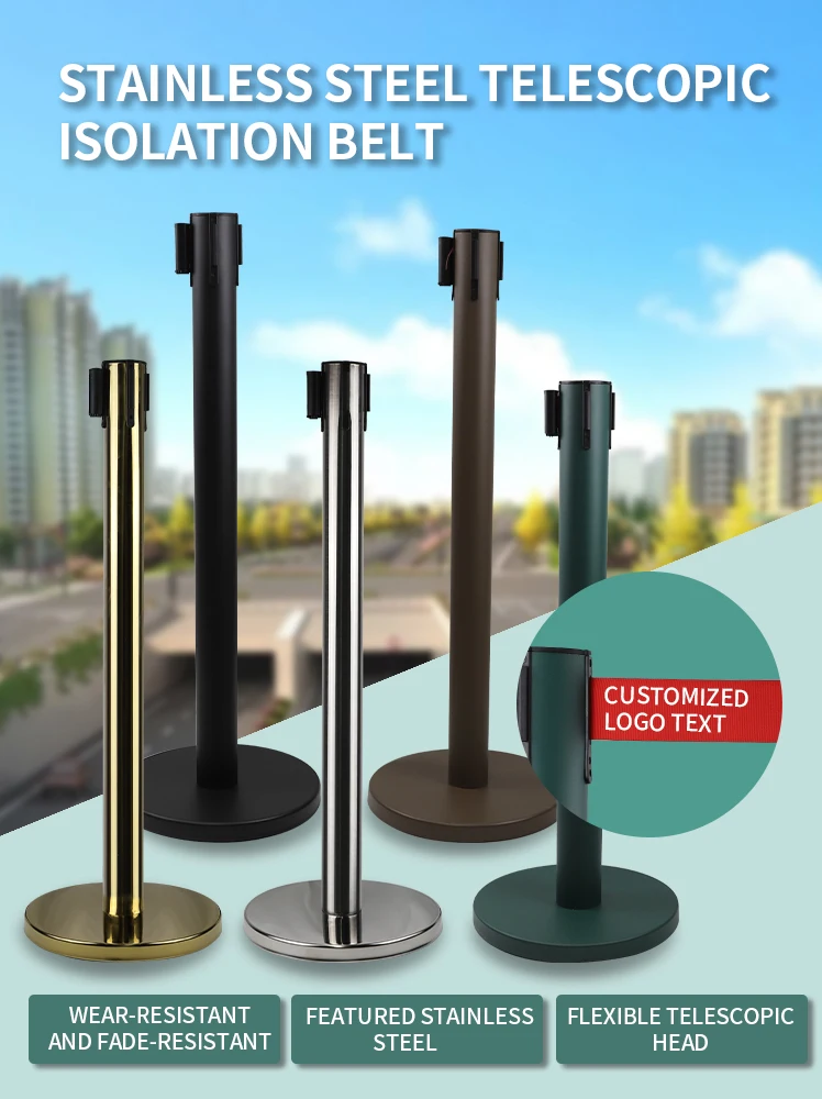 Black Color Post with 2m Belt Retractable Traffic Belt Queue Line Stand ...