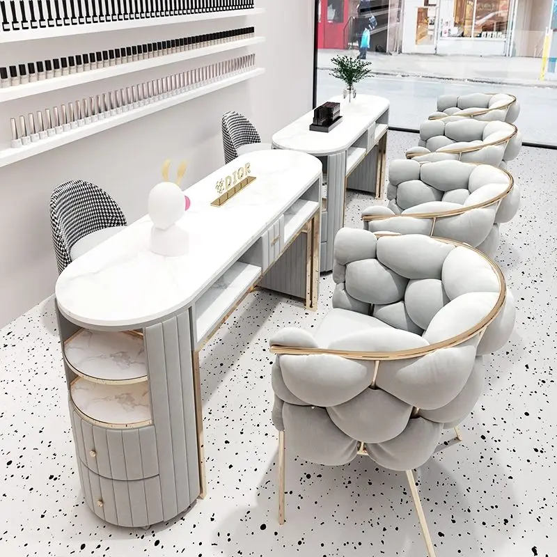 Modern Grey Marble Top Double Nail Table & Chair Set