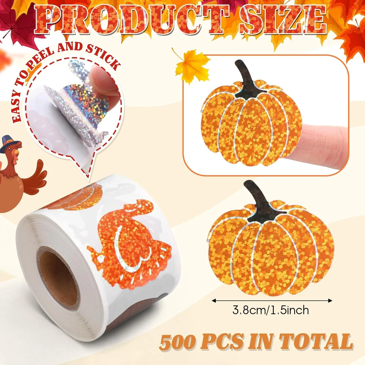 Fall Thanksgiving Stickers Roll Laser Turkey Maple Leaf Acorn Decals ...