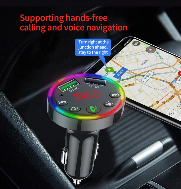 F9 Car FM Transmitter Handfree Blue Tooth Car Kit Dual USB Car Charger 3.1A With Color Light MP3 ...