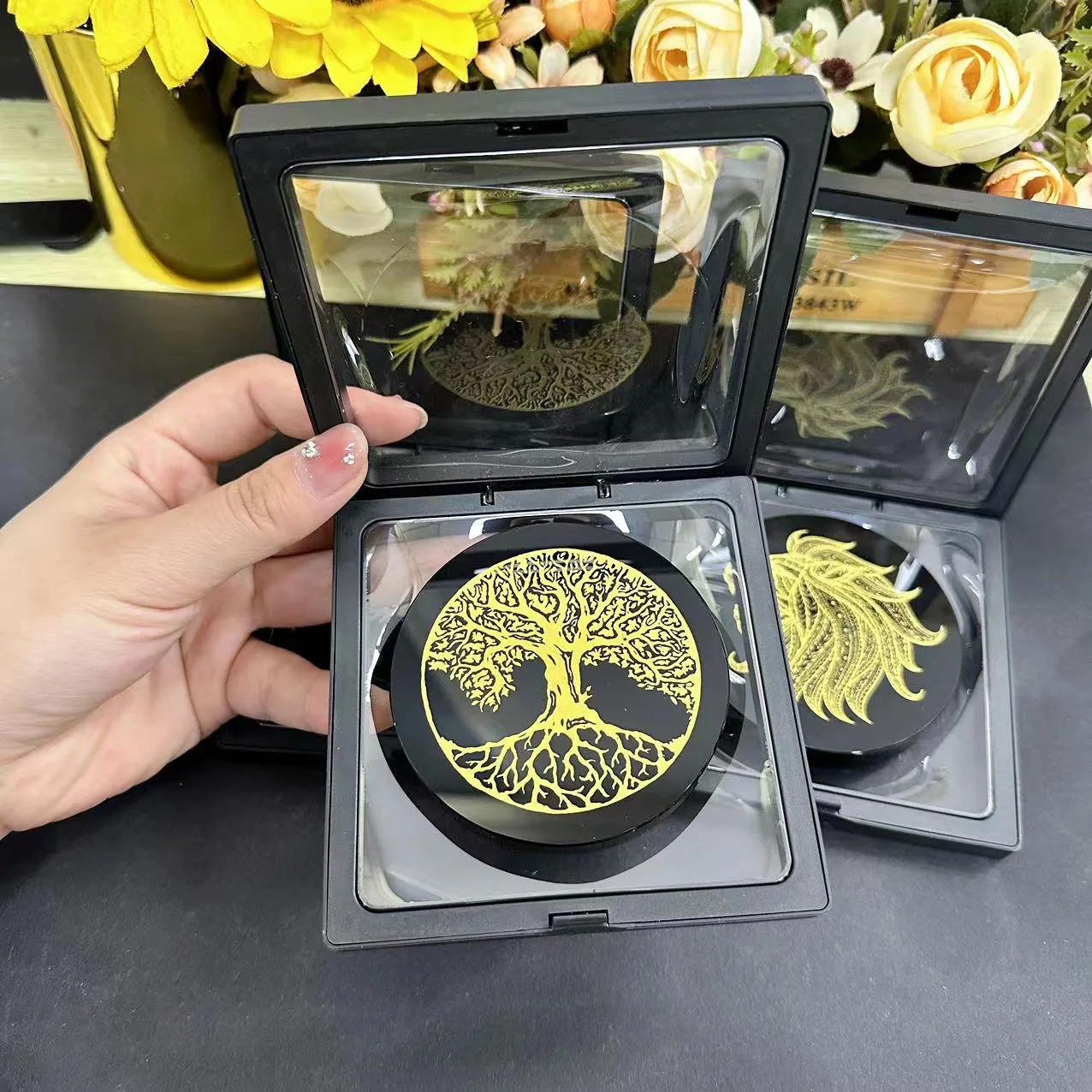 Black Obsidian Plate with Golden & Silver Prints for Healing