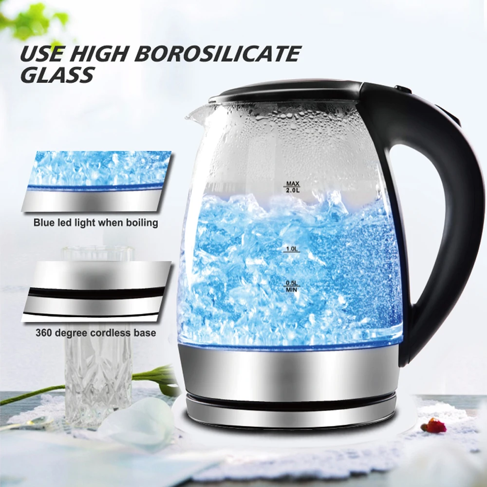 2000W Borosilicate Glass Electric Kettle 2L Cordless Water Boiler with ...