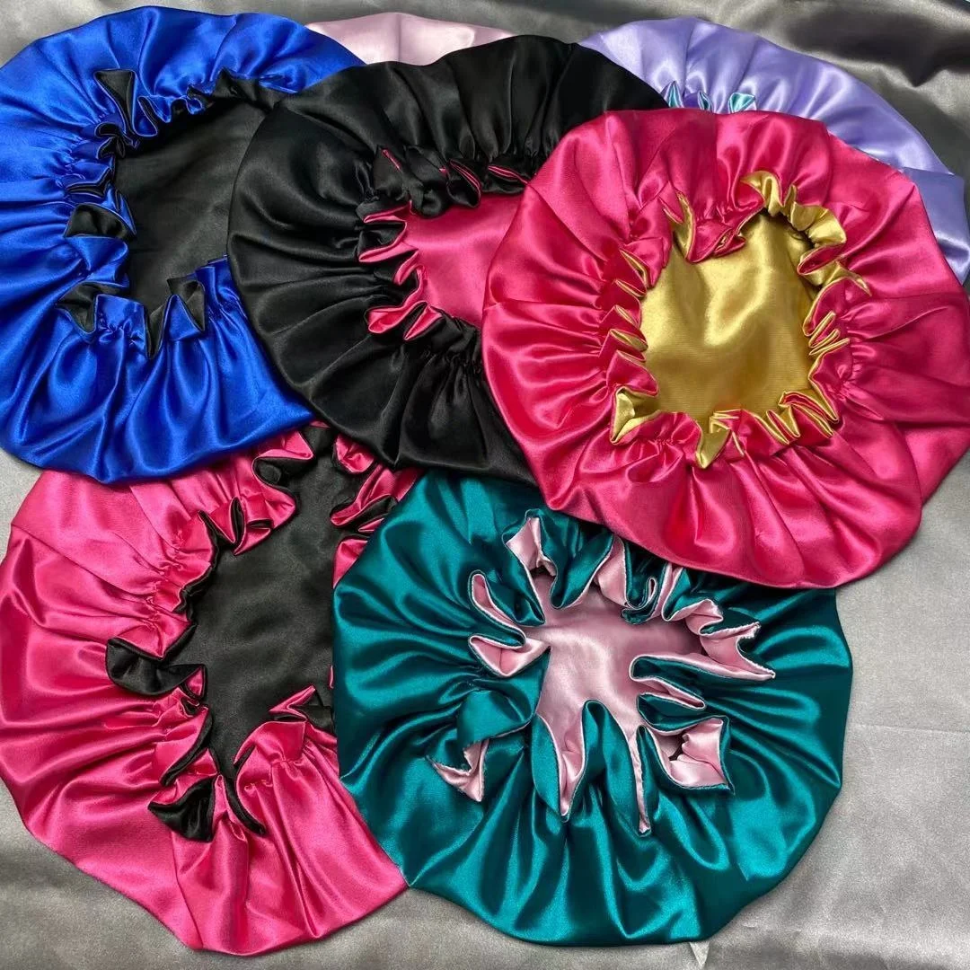 Custom Double Layer Elastic Band Bonnet Silk Night Sleep Hat Satin Tie ...