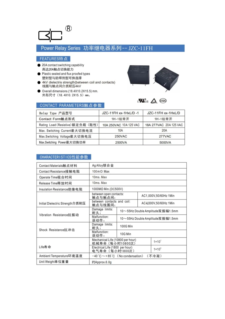Relay JZC-11FH 20A 277VAC mini size Tuv compliant for smart socket home ...