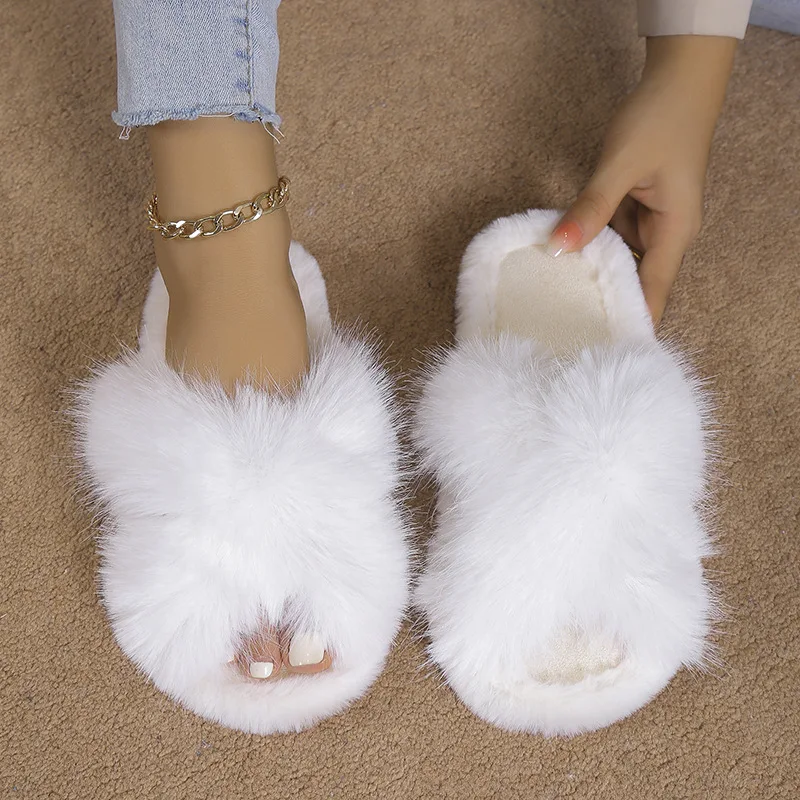 Solid Color Fluffy Slippers Slip On Open Toe Non-slip Flat Fuzzy Soft ...