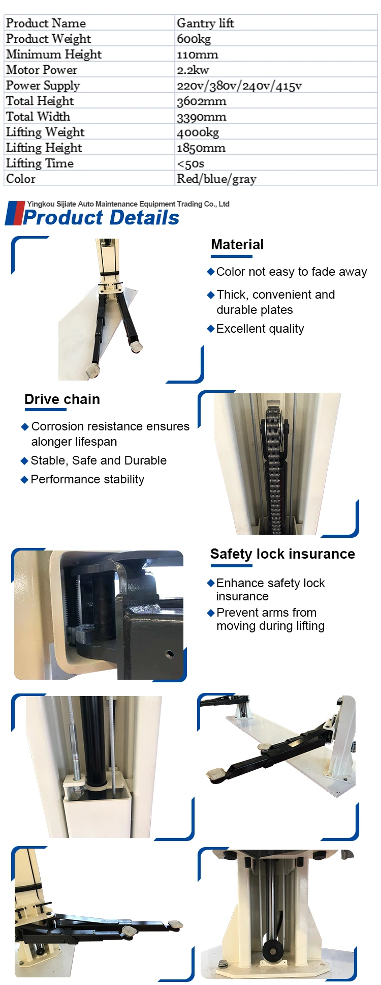 Ce Manufacturer High Grade 4000kg 4t Two Post Gantry Lift For Sale Car ...