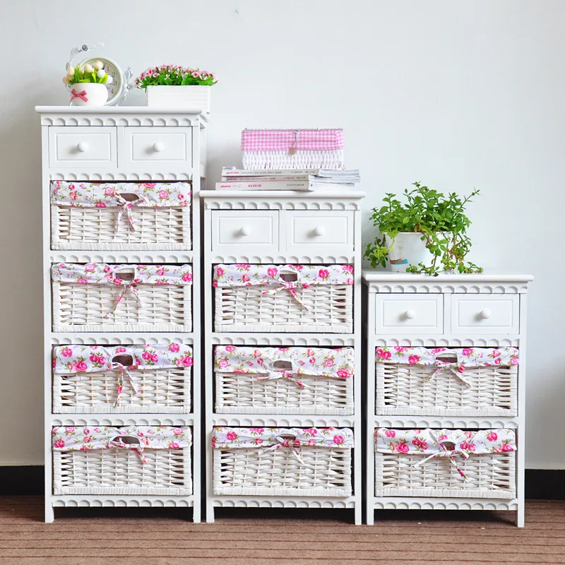 White chest of drawers with wicker baskets store