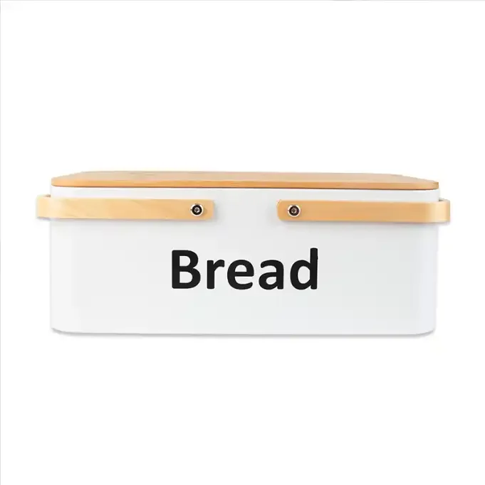 Metal Bread Box Bread Bin With Bamboo Lid Rectangular Food Container ...