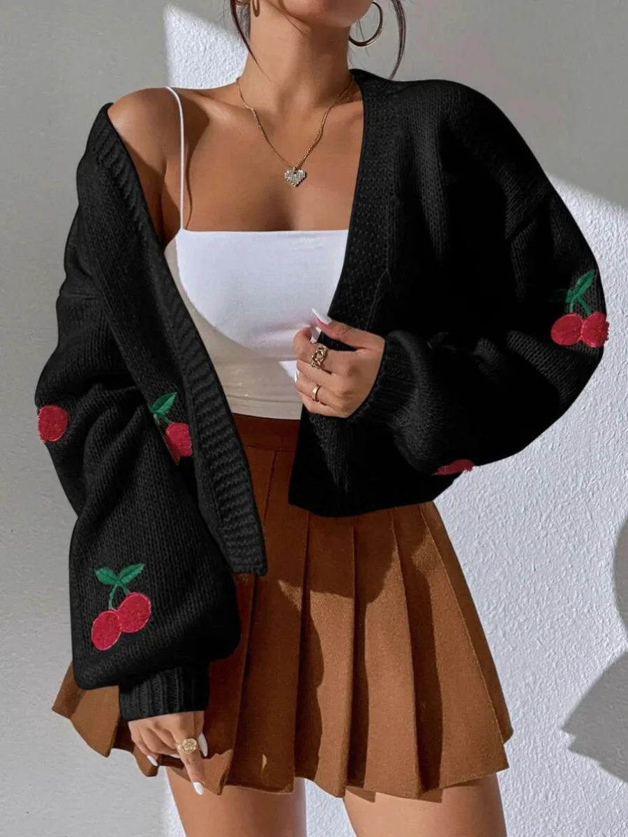 Women's Embroidered Sweater - Loose Casual Knit Cardigan