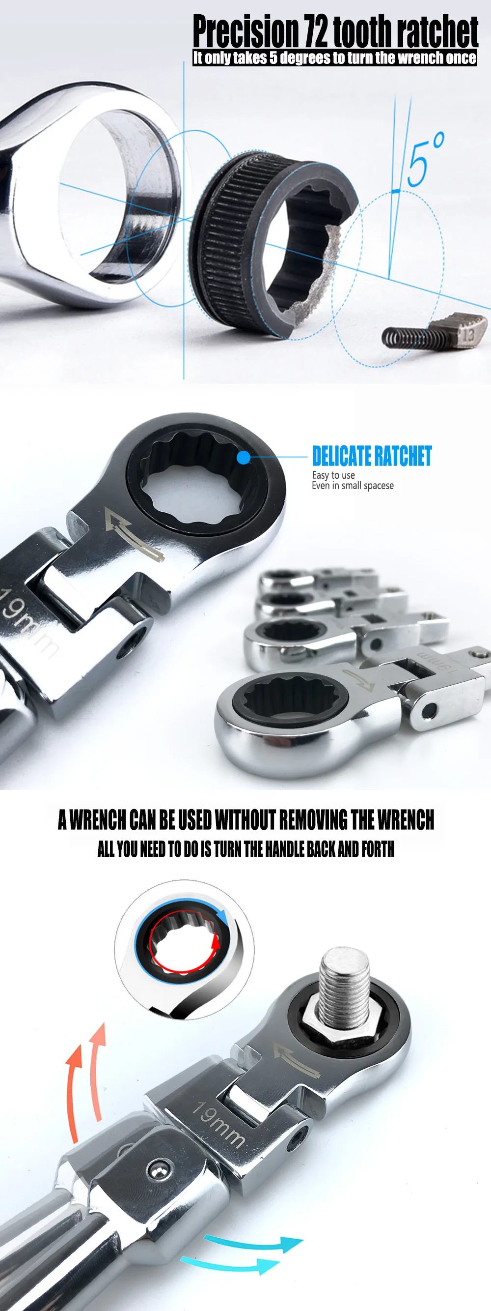 Removable Head Ratchet Wrench Set Shaking Head Wrench 180 Degree Swivel ...