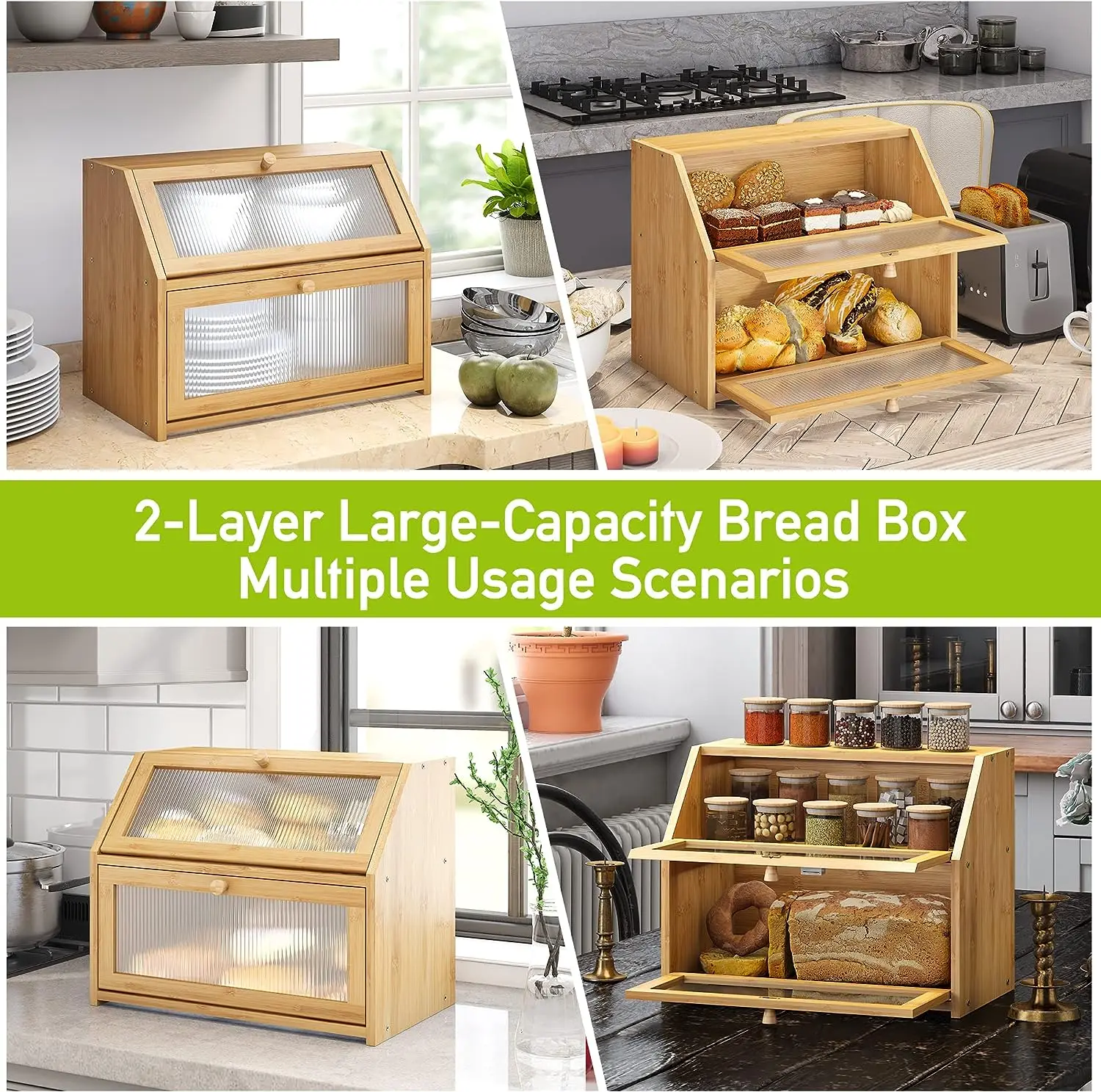 Bamboo Bread Box For Kitchen Food Storage Large Capacity Bread Storage ...