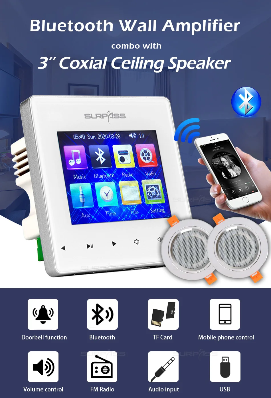 Wall Amplifier With Ceiling Speaker Set Touch Key Panel Pa System Home ...