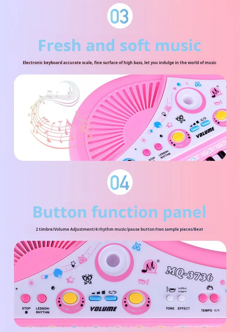 Kids Music Toy Piano Keyboard Toy 37 Keys Pink Electronic Musical ...