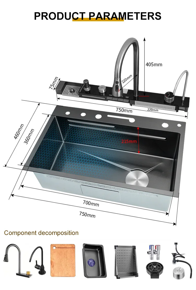 Ssrs Kitchen Sink Black Nano Single Modern Stainless Steel Waterfall ...