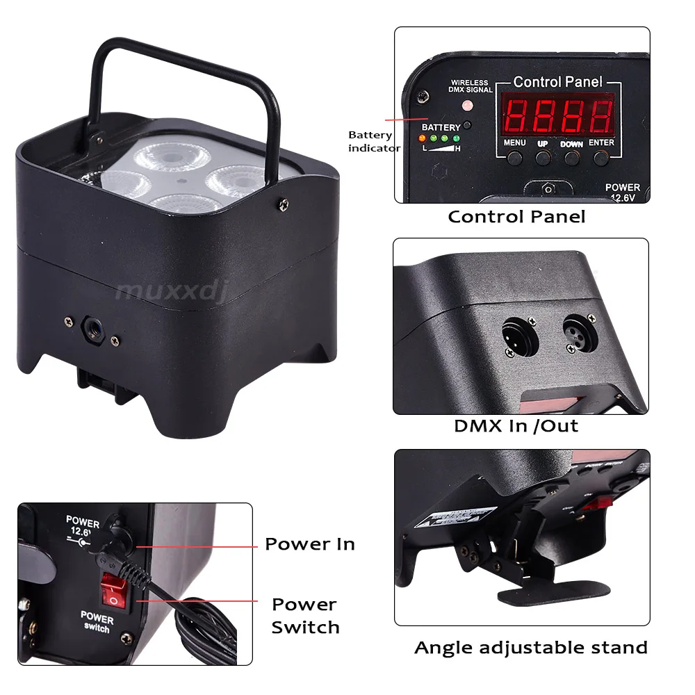 MUXXDJ Rechargeable Wireless LED Uplight 4x18 RGBAW UV 6in1