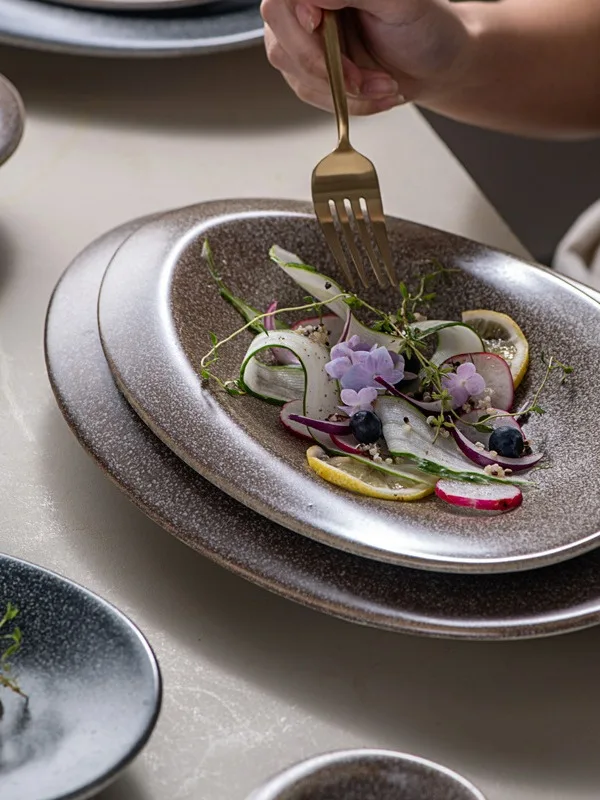 Vintage Stoneware Dinner Plate Ceramic Oval Cold Dishes Steak Sushi ...