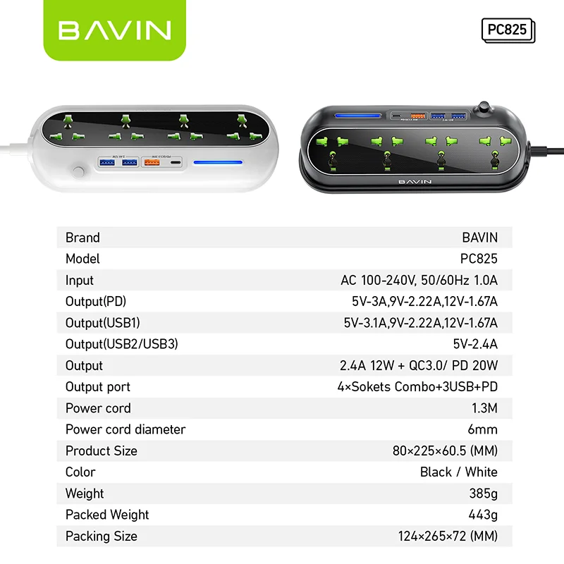 Bavin PC825 Power Strip - 3 Way Universal UK US EU Smart USB
