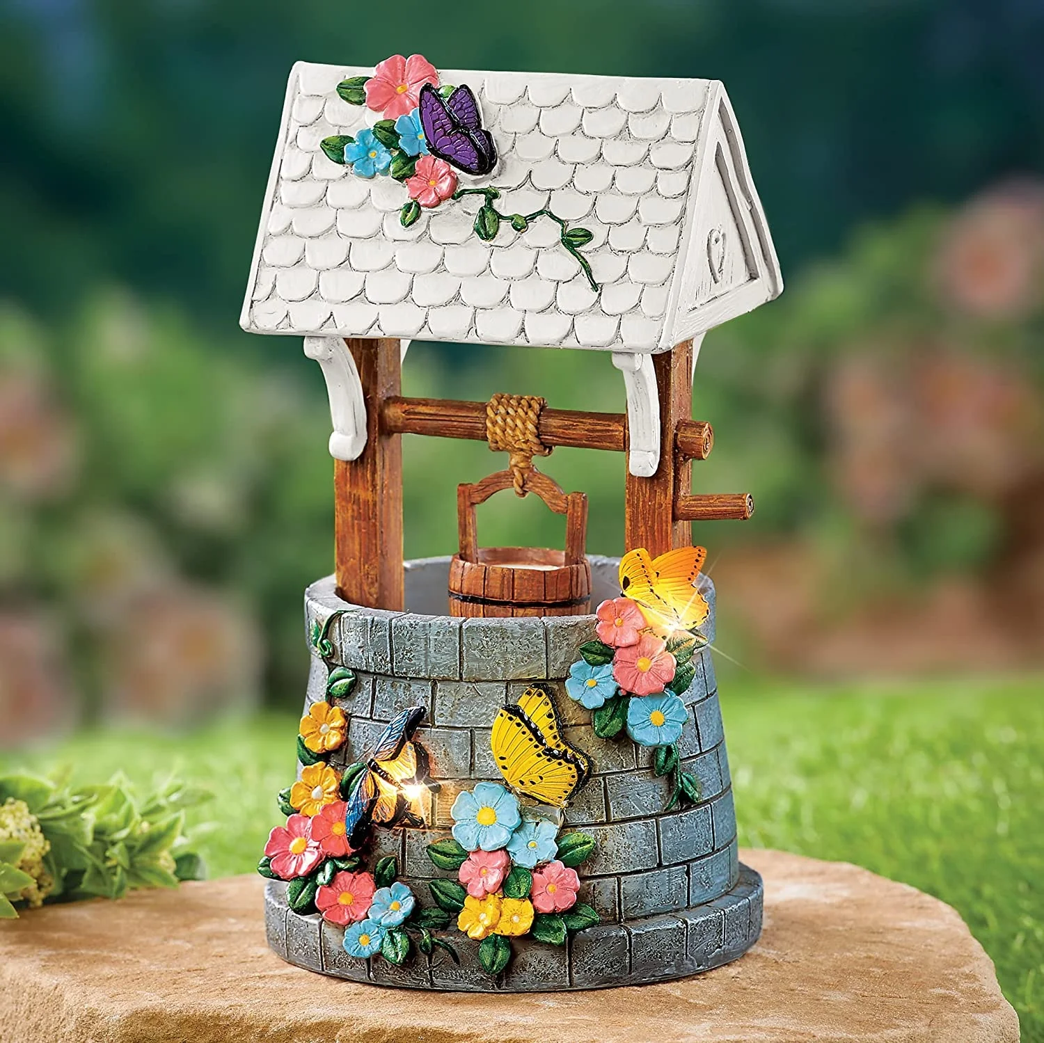 Hand Painted Garden Decoration Solar Powered Wishing Well Floral Water ...