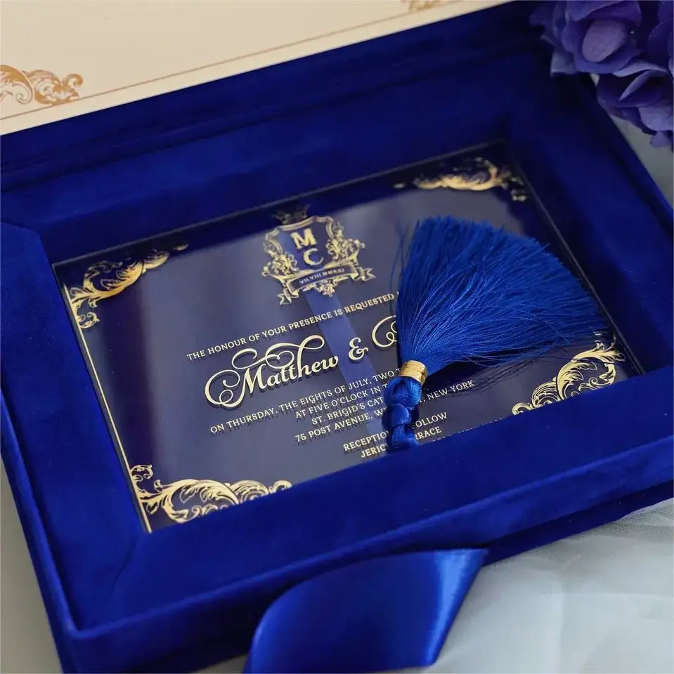 Luxury Royal Blue Velvet Box Invitations Wedding Invitation Card High