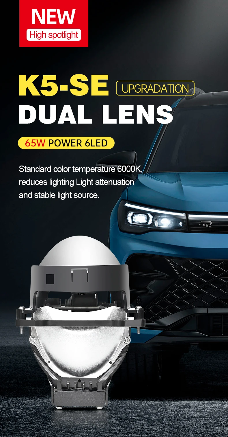 Factory Price K5-SE Led Headlights 65W 6000K Bi Led Projector Lens 3.0 High Low Beam Car ...