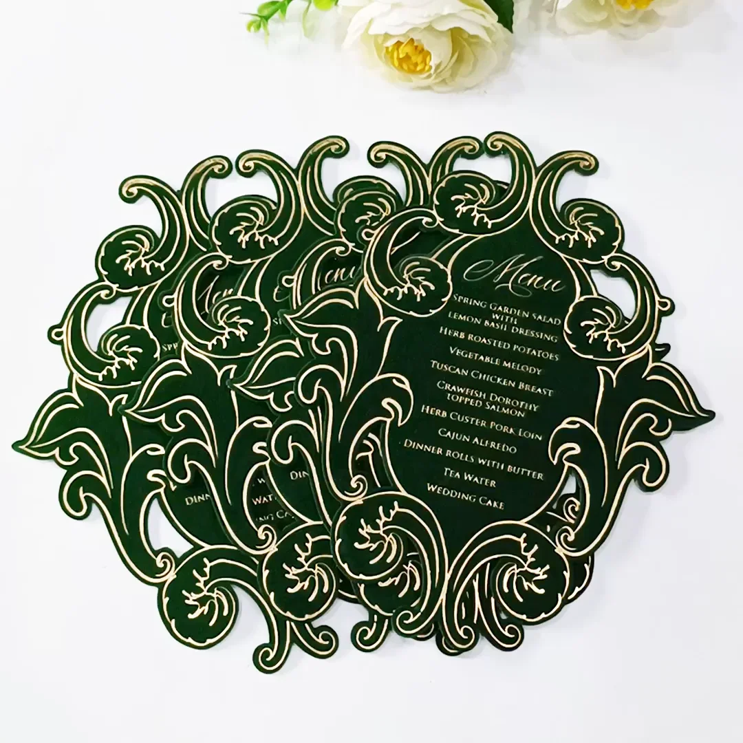 New Design Dark Green Menu Cards Velvet Wedding Invitation With Gold ...