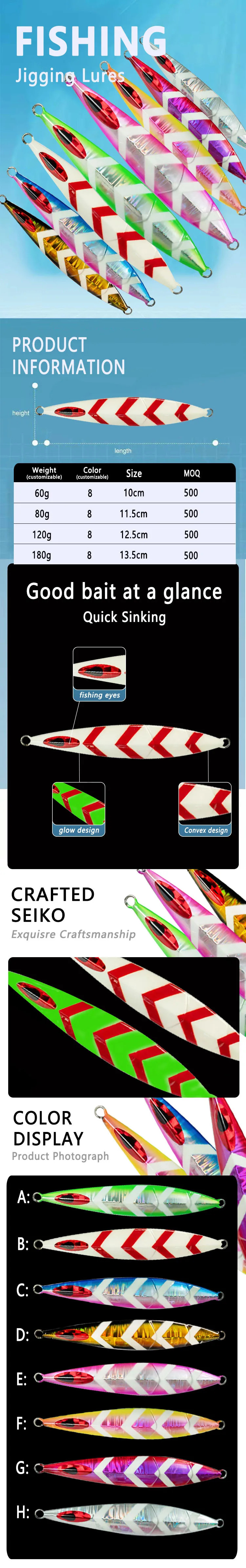 New 60g 80g 120g 180g Metal Jig UV Luminous Lure Slow Pitch Jigs Fishing Lure Saltwater Vertical ...