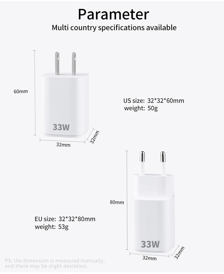 33W Dual Ports Fast Charger 33W QC Type C Wall Charger US EU Plug ...