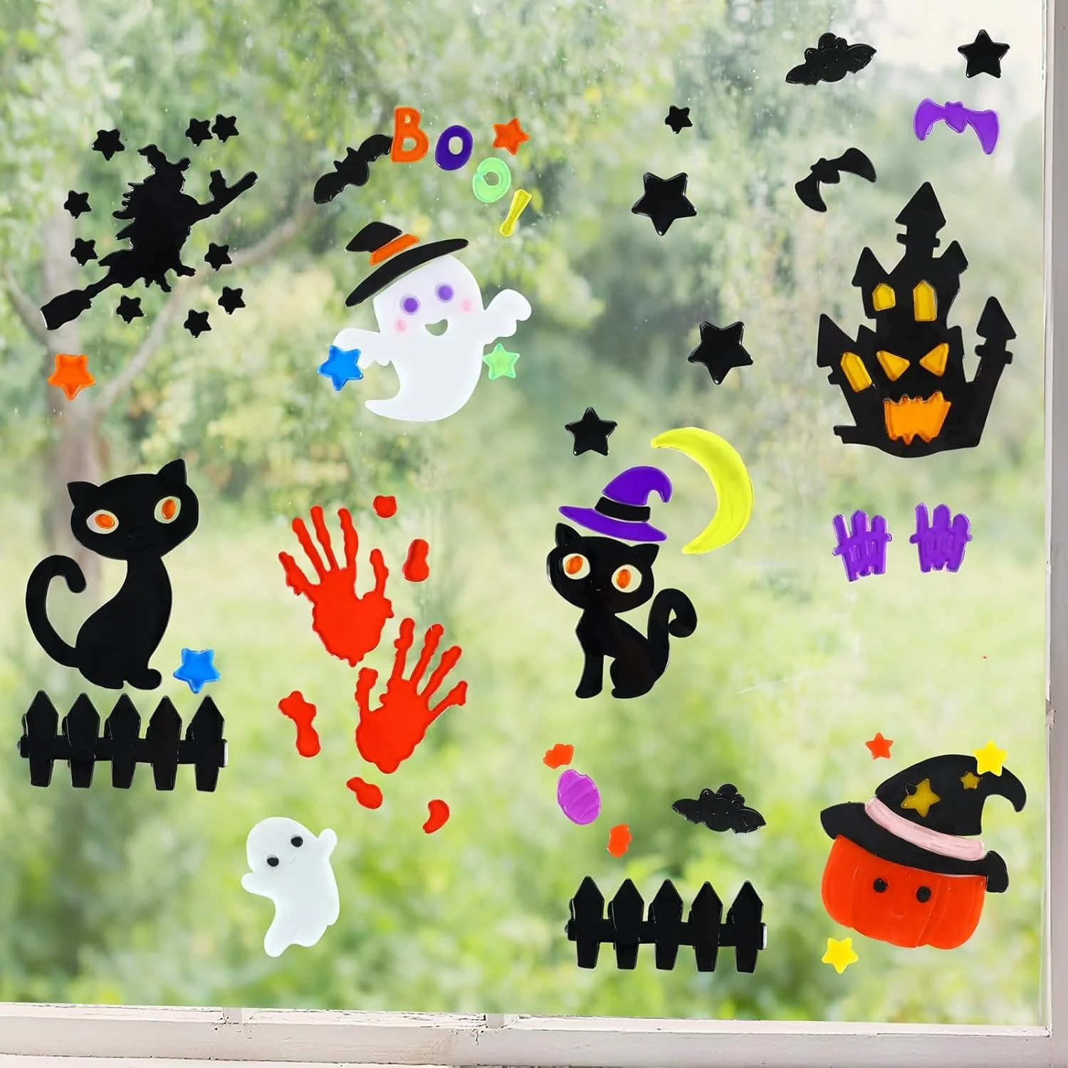 Halloween Window Gel Clings Ghost Pumpkin Bat Witch Cat Boo Blood Decal ...