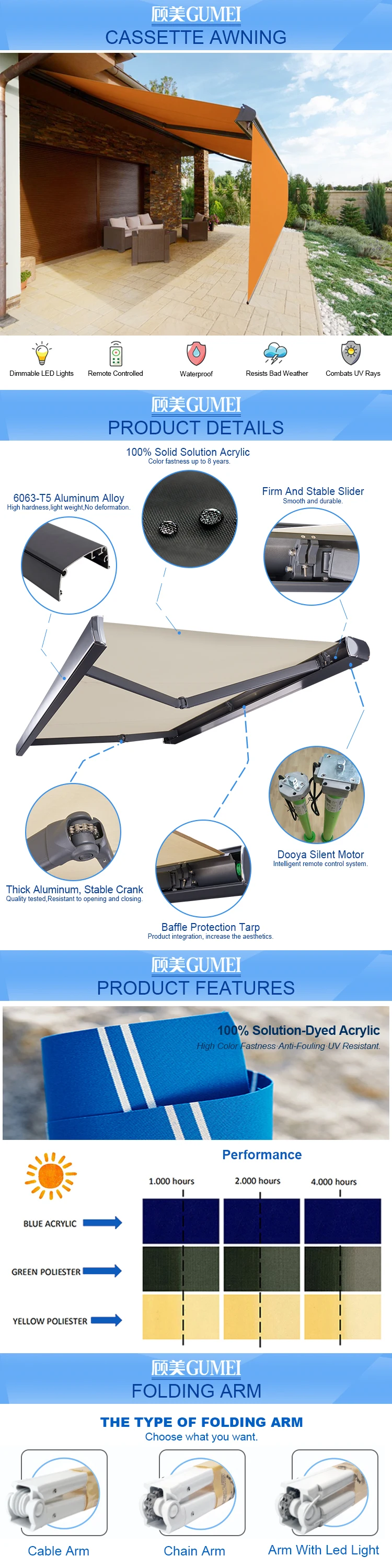 Outdoor Balcony Rain-Protect Full Cassette Retractable Aluminium Awning