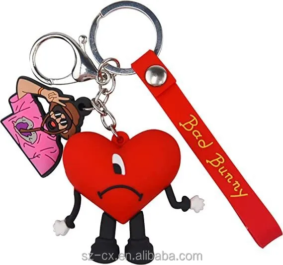 Hot 3d Cartoon Pvc Kawaii Red Heart Bad Bunny Charm Key Chain Key Ring ...